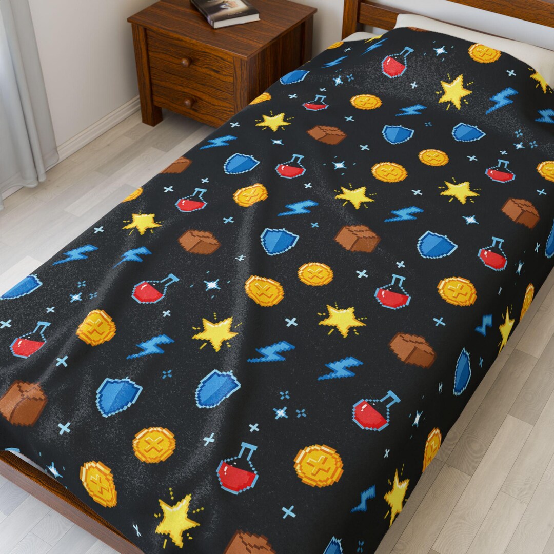 Retro Gamer Blanket | Pixel Art Throw for Gaming Room | 8-bit Pattern ...