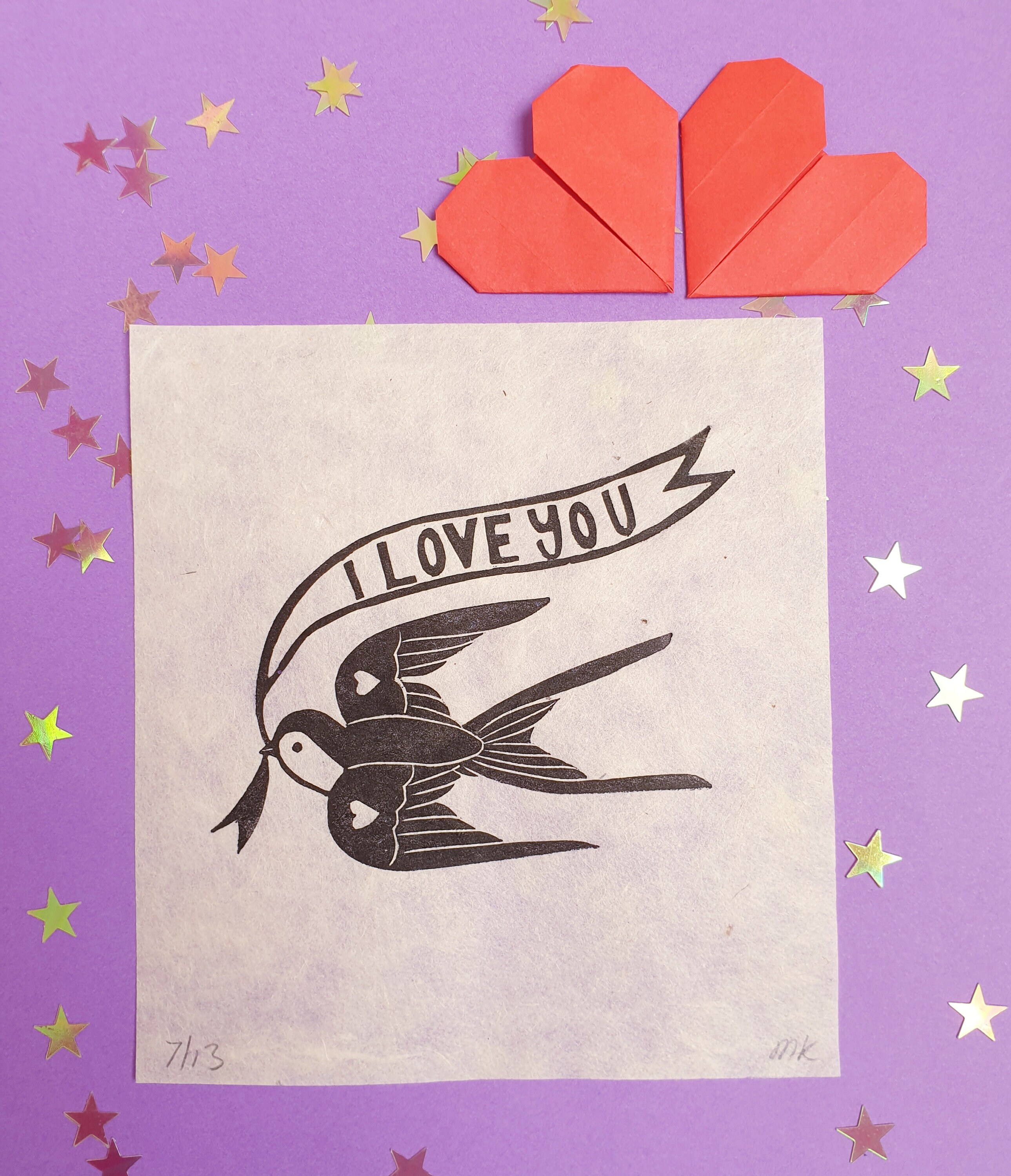 Love Bird Linocut Print Cute Bird Mini Print Gift for a Loved One Love ...