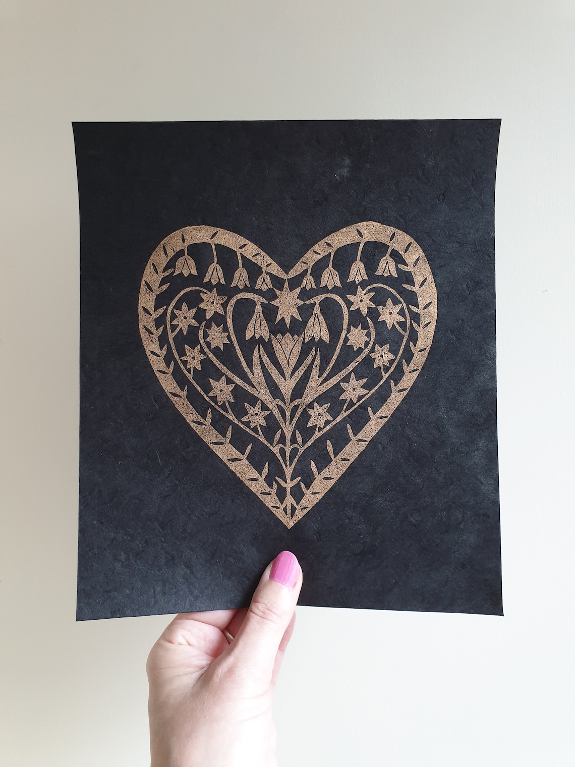 Gold Folk Art Heart Linocut Print Floral Heart Linocut Heart Themed Art ...