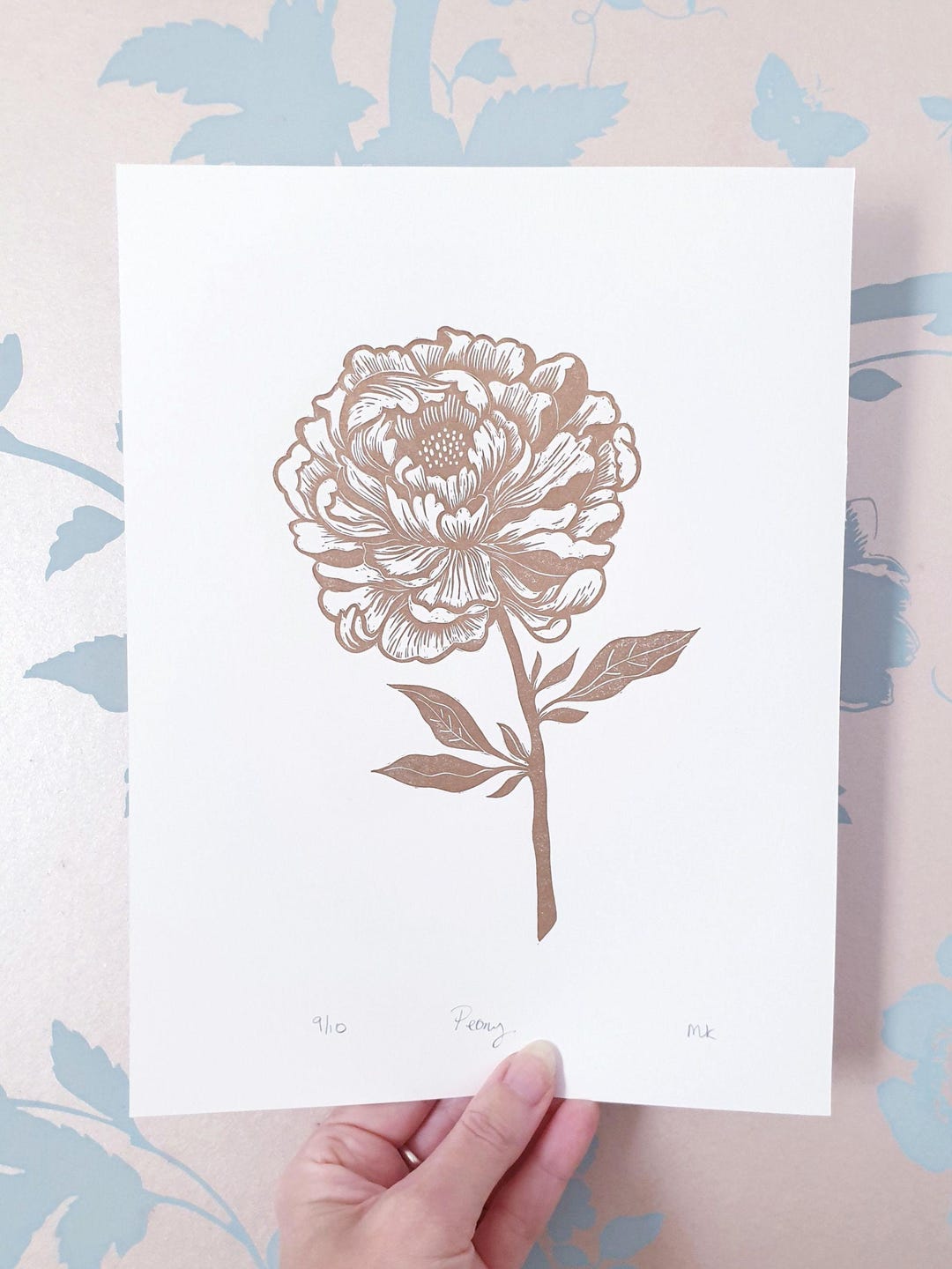 Gold Peony Linocut Print - Original Floral Linocut Art, Botanical ...