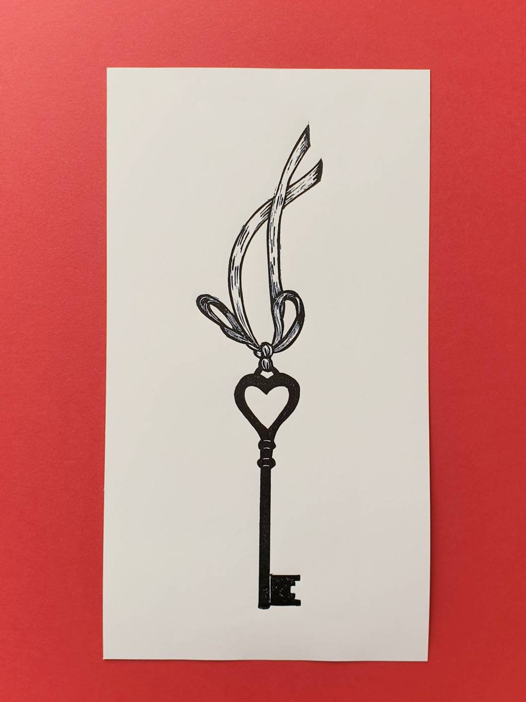 Heart Shaped Key Linocut Print | Open Your Heart Print | Linocut Key ...