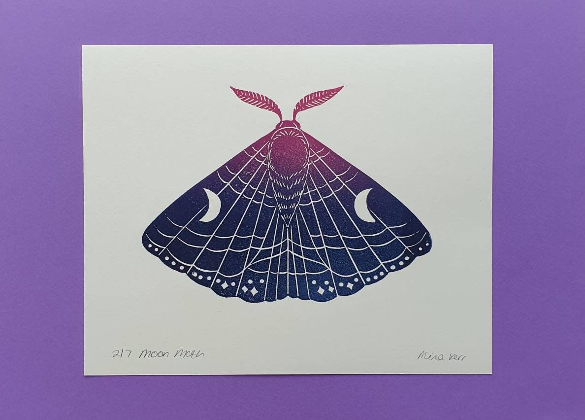 Moon Moth Linocut Print Moth Linocut Print A5 Moon Moth - Etsy