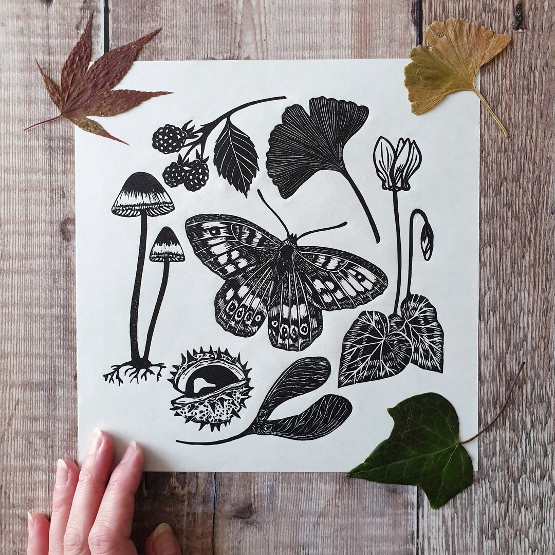 Autumn Botanical Linocut Art Print - Original Botanical Art, Autumn ...