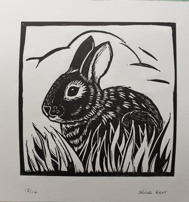 Bunny Linocut Print Original Rabbit Linocut Wildlife Linocut Print ...