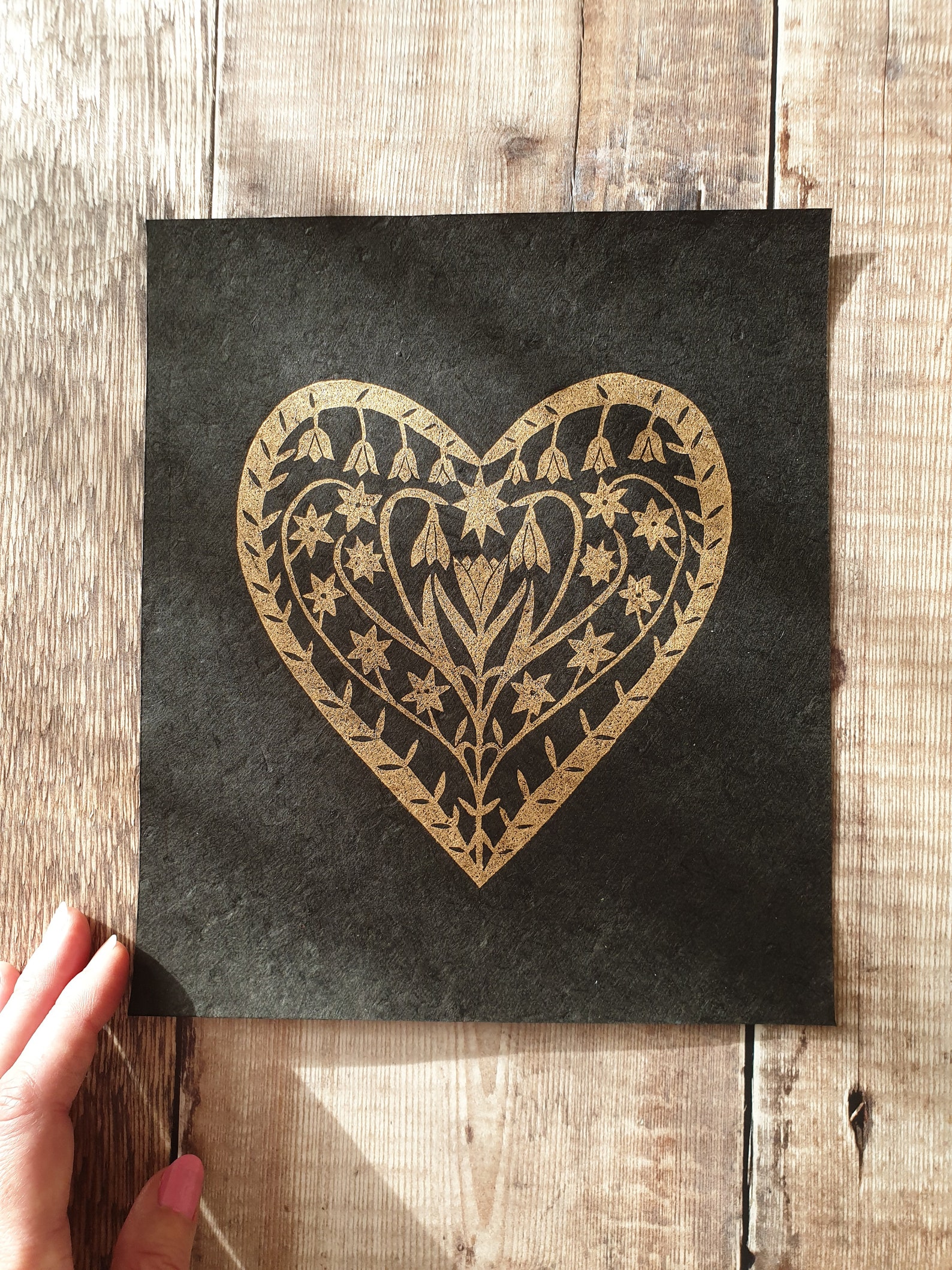 Gold Folk Art Heart Linocut Print Floral Heart Linocut Heart Themed Art ...