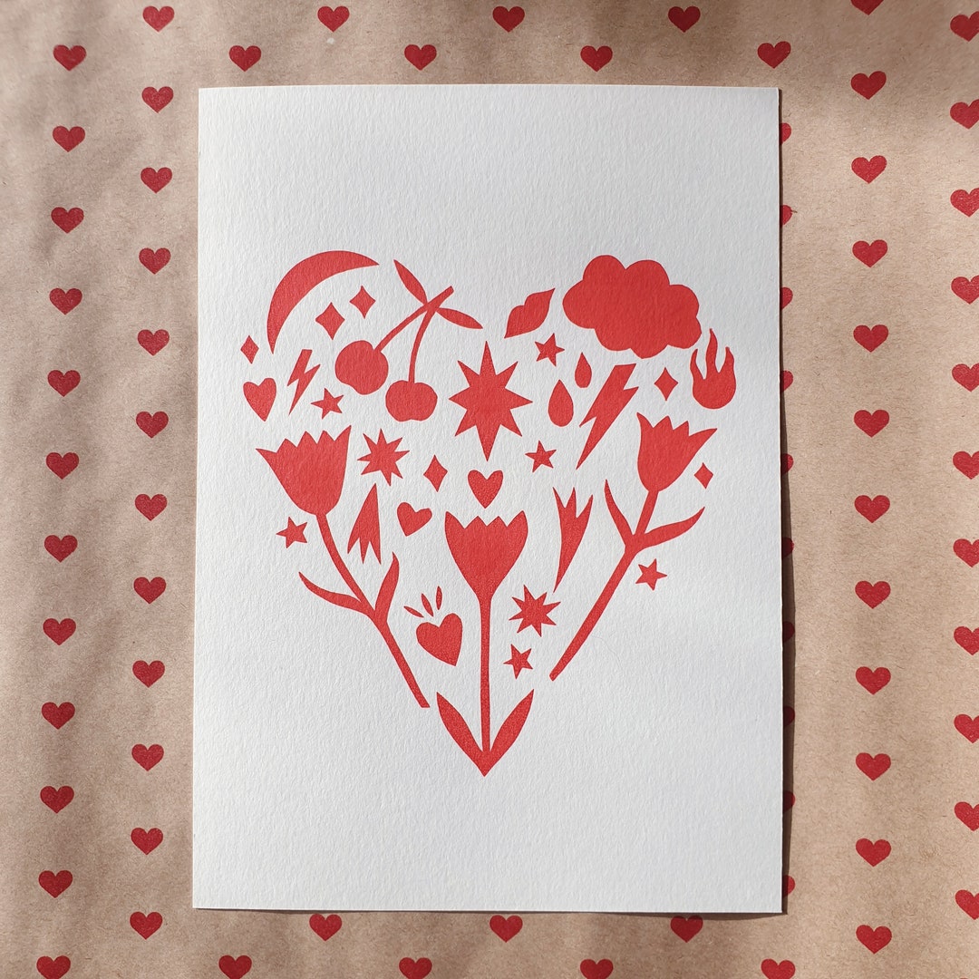 Red Heart Shaped Love Motifs Screen Print Red Love Motifs Screen Print ...
