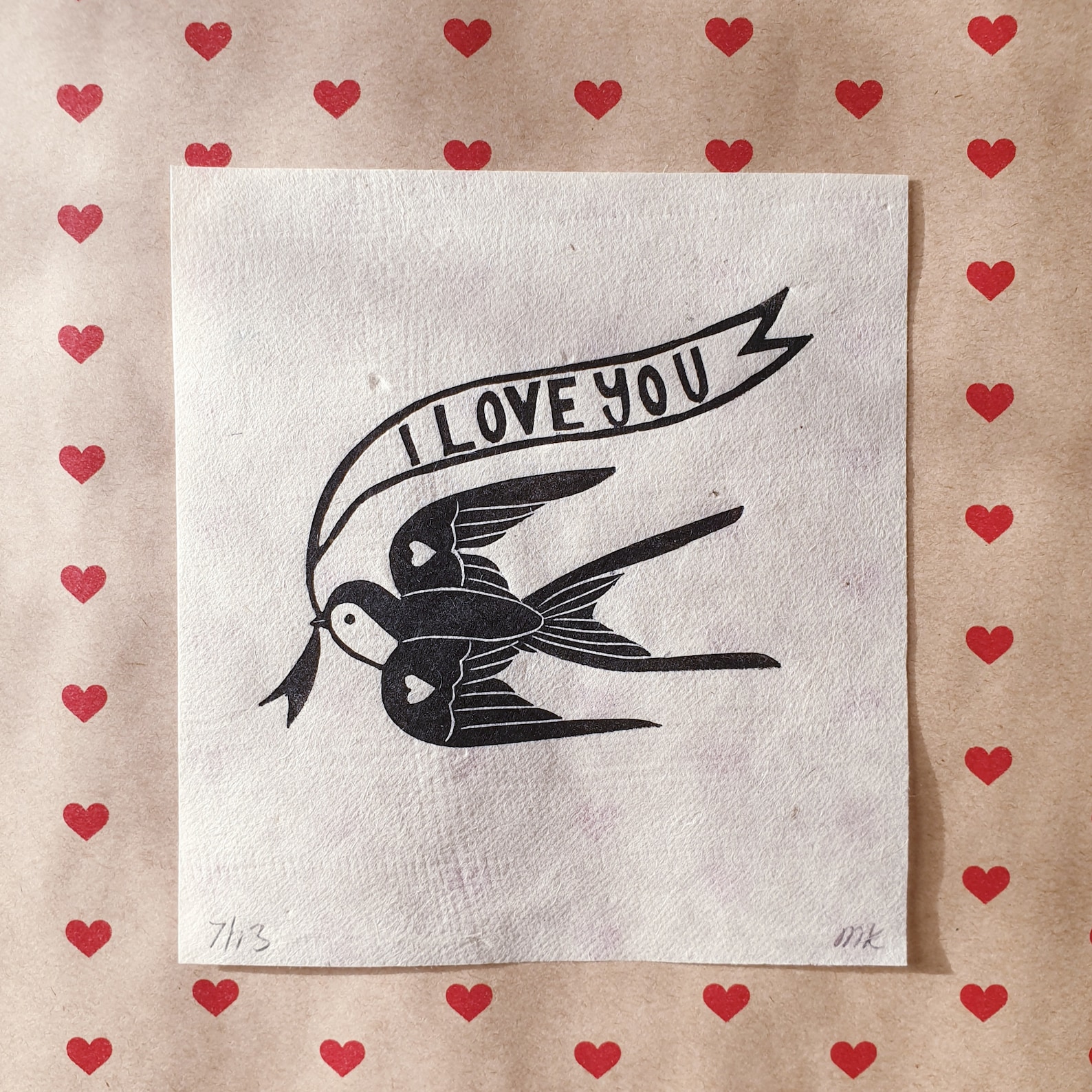 Love Bird Linocut Print Cute Bird Mini Print Gift for a Loved One Love ...