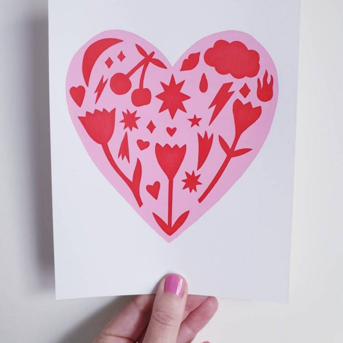 Heart Screen Print Original A5 Pink and Red Screen Print Heart Hearts ...