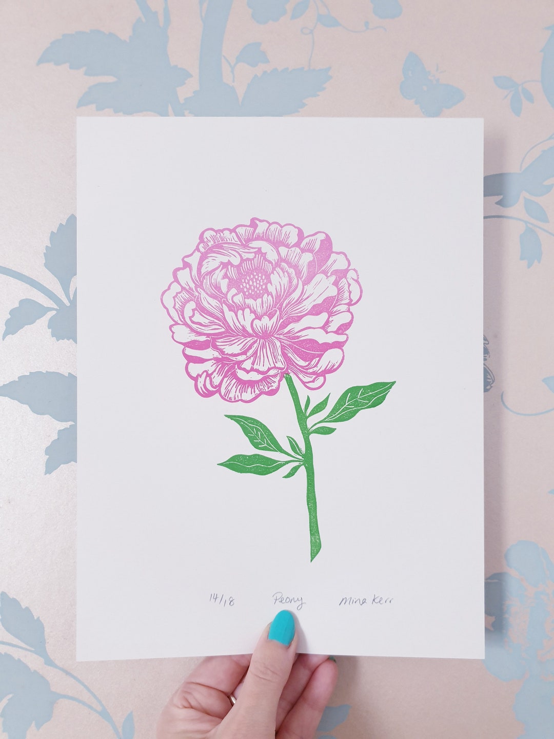 Peony Linocut Print | Original Handprinted Floral Art | Color Peony ...