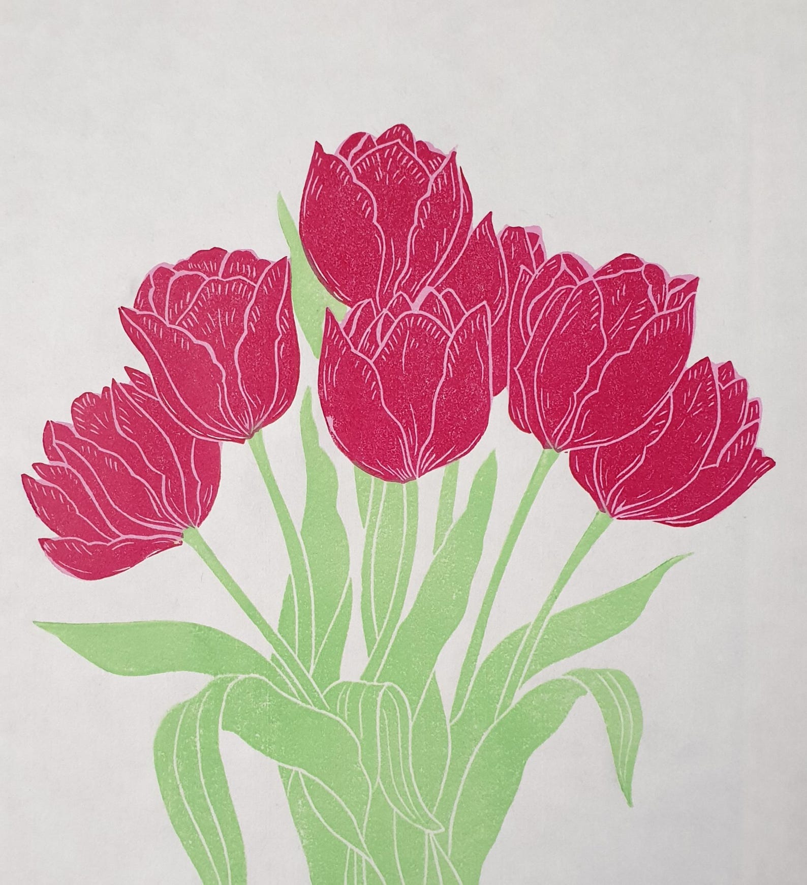 Tulip Flowers Linocut Print | Original A4 Flower Print | Dark Pink ...
