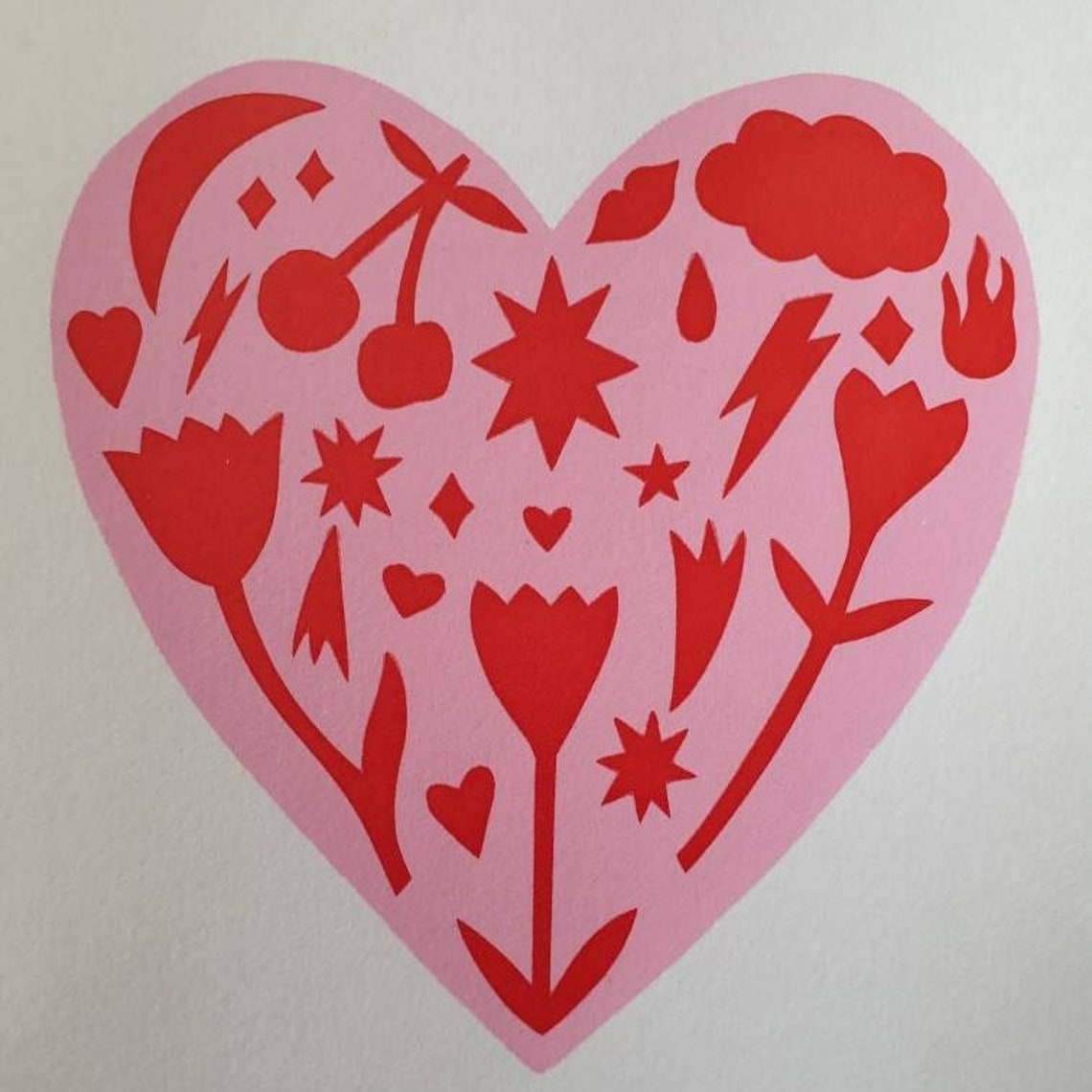 Heart Screen Print Original A5 Pink and Red Screen Print Heart Hearts ...