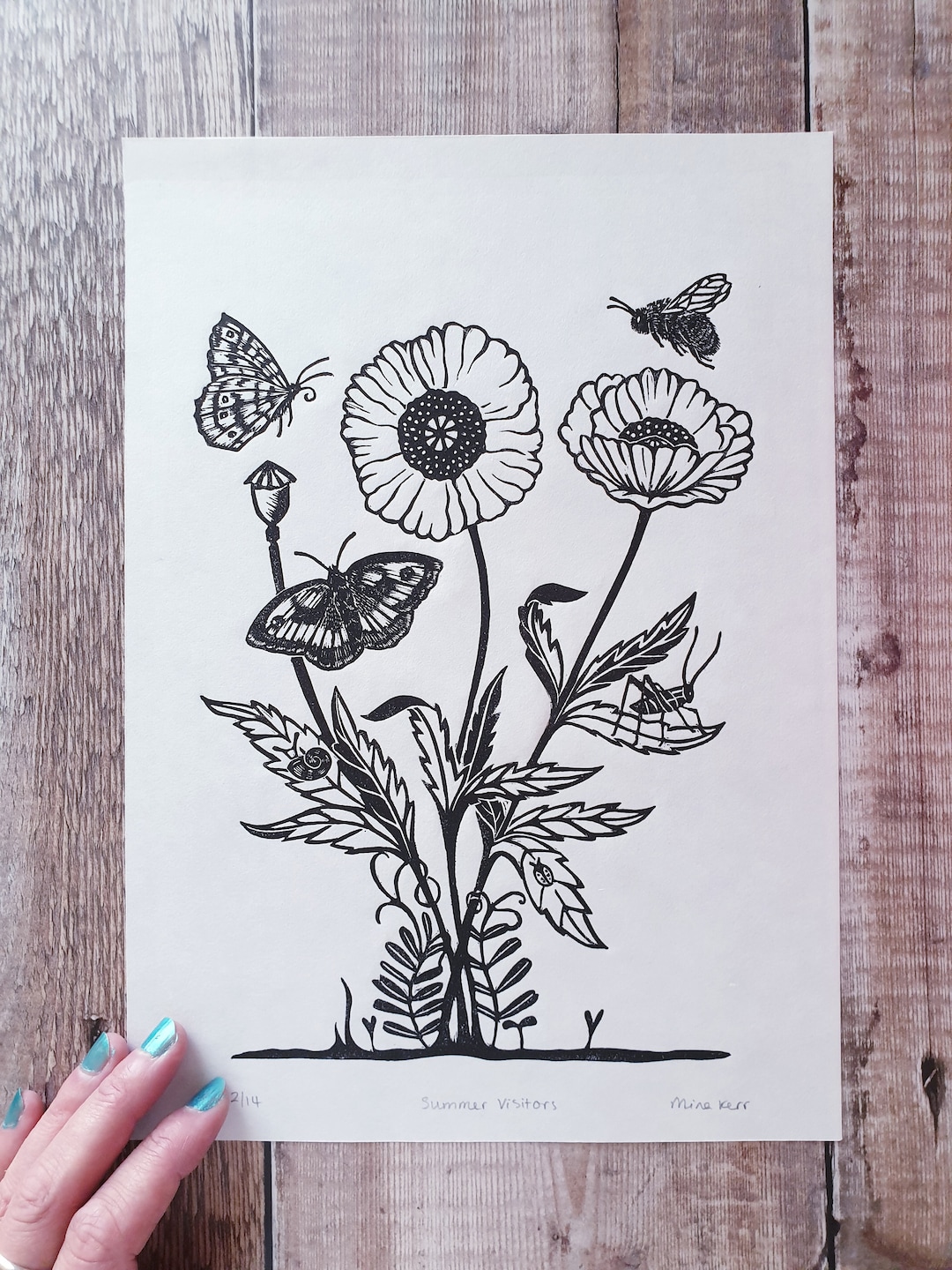 Summer Visitors Botanical Garden Linocut | Butterflies and Bee Linocut ...
