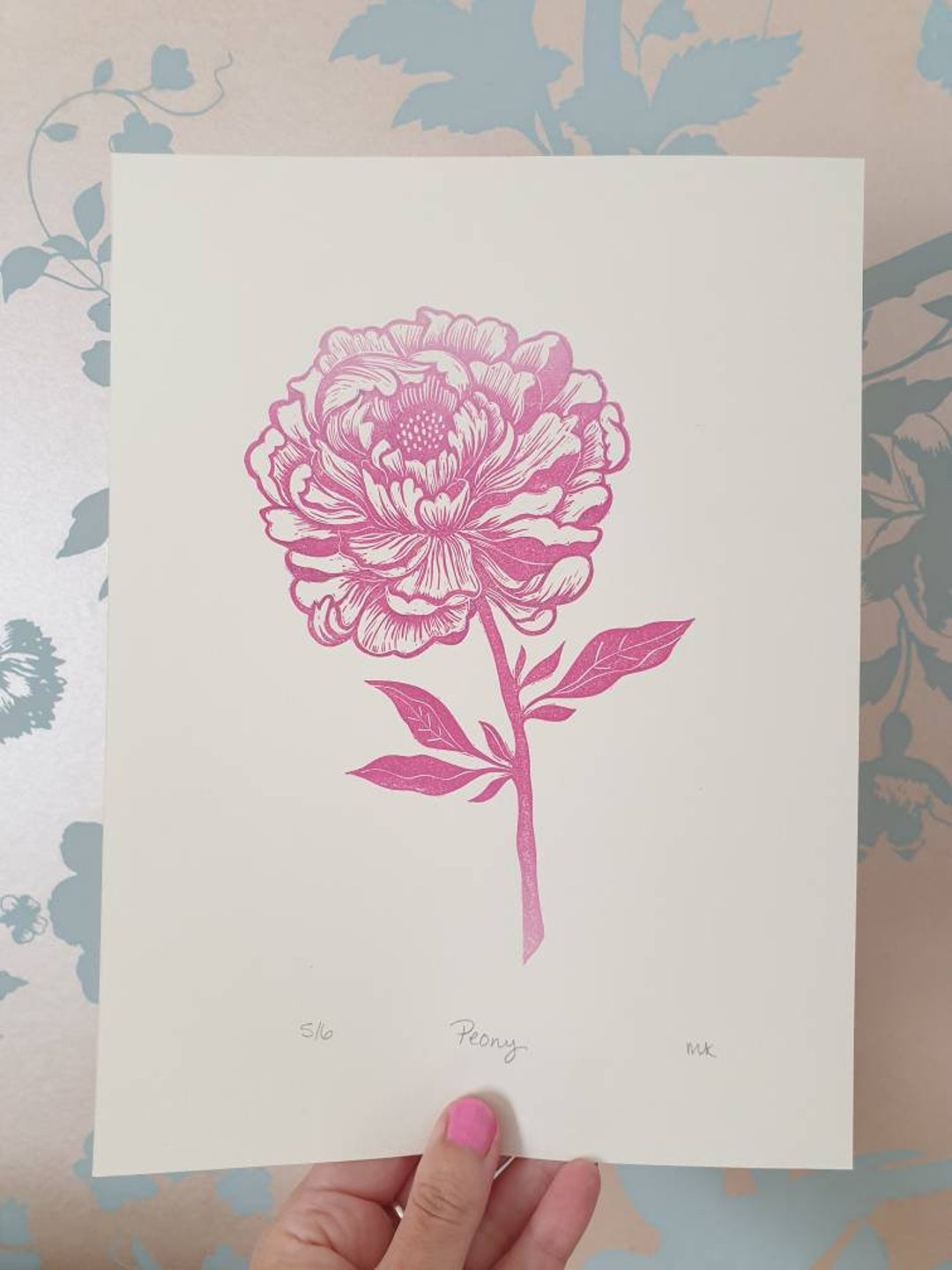 Pink Peony Linocut Print - Original Handprinted Floral Linocut, A4 ...