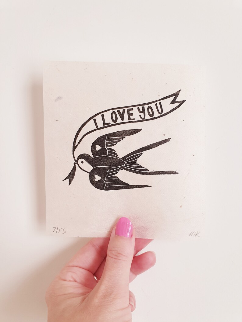 Love Bird Linocut Print Cute Bird Mini Print Gift for a Loved One Love ...