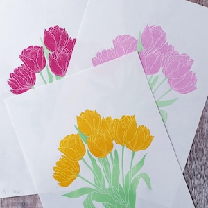 Tulip Flowers Linocut Print | Original A4 Orange Tulips Lino Print ...