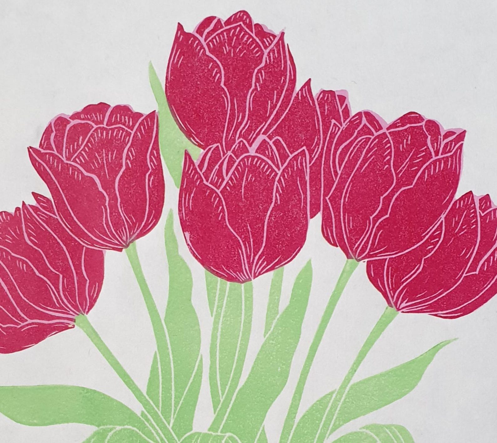 Tulip Flowers Linocut Print | Original A4 Flower Print | Dark Pink ...