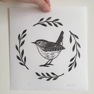 Wren Linocut Print | Original Botanical Wren Linocut | Handprinted Wren ...