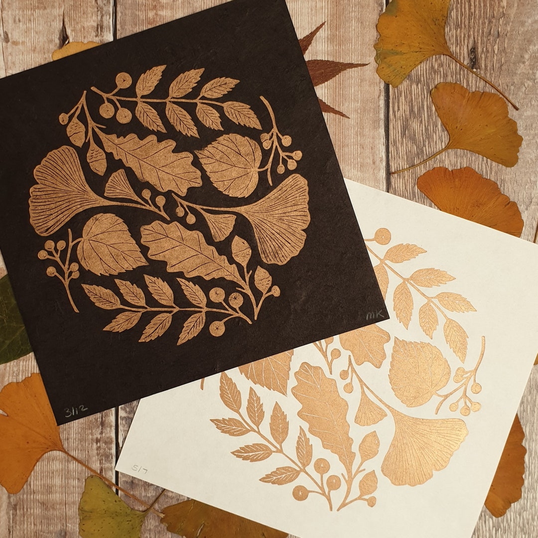 Autumn Leaves Linocut Print | Botanical Art | Leaves and Acorns ...