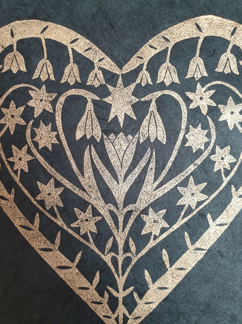 Gold Folk Art Heart Linocut Print Floral Heart Linocut Heart Themed Art ...