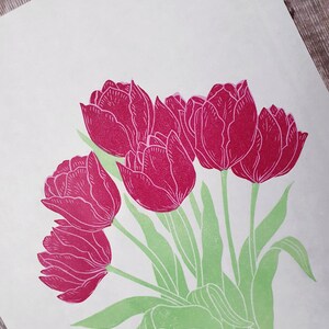 Dark Pink Tulips Linocut Print | Original A4 Flower Print | Spring ...