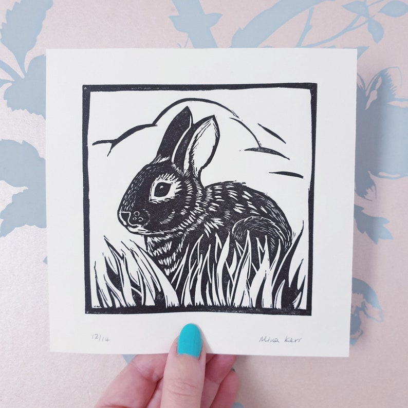 Bunny Linocut Print | Original Artwork | Hand-printed Rabbit | Baby ...