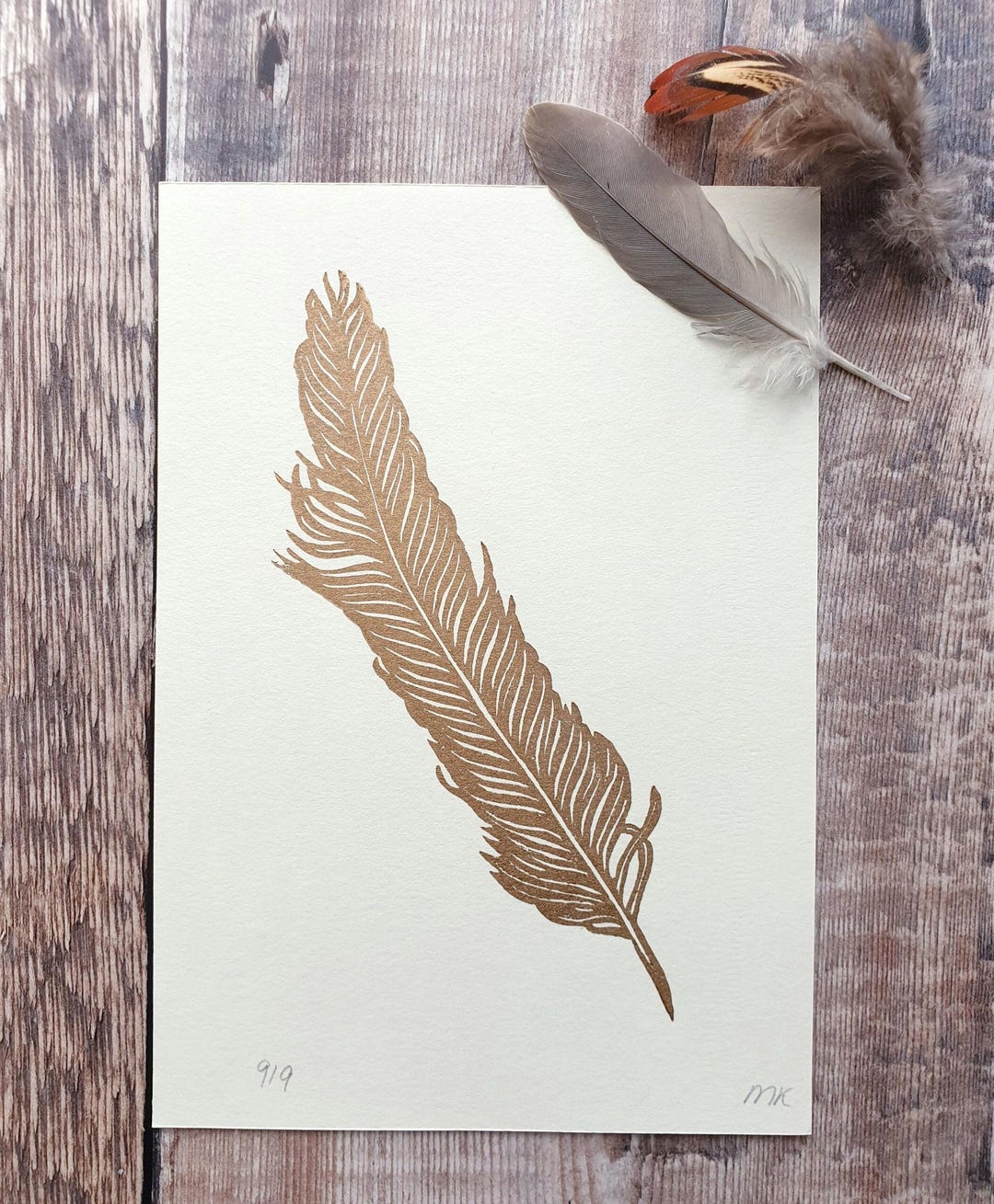 Gold Feather Linocut Print | Hand-printed | Original Artwork | Small ...