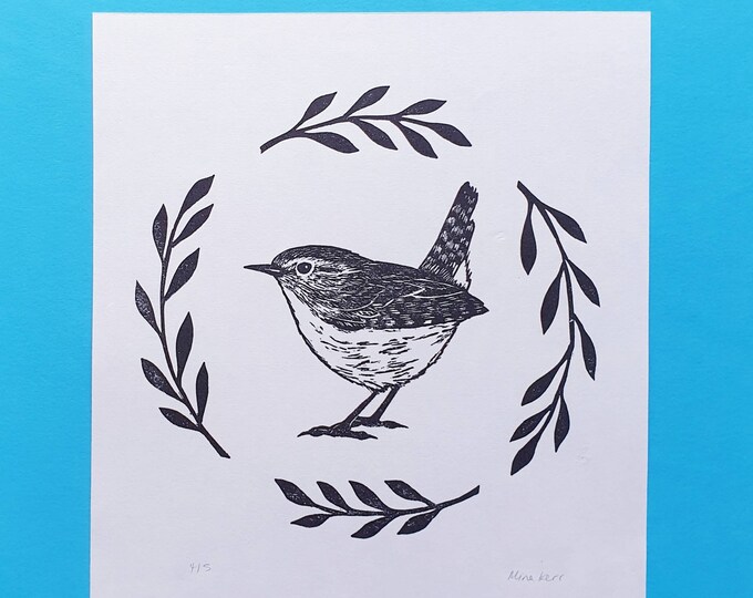 Wren Linocut Print | Original Botanical Wren Linocut | Handprinted Wren ...