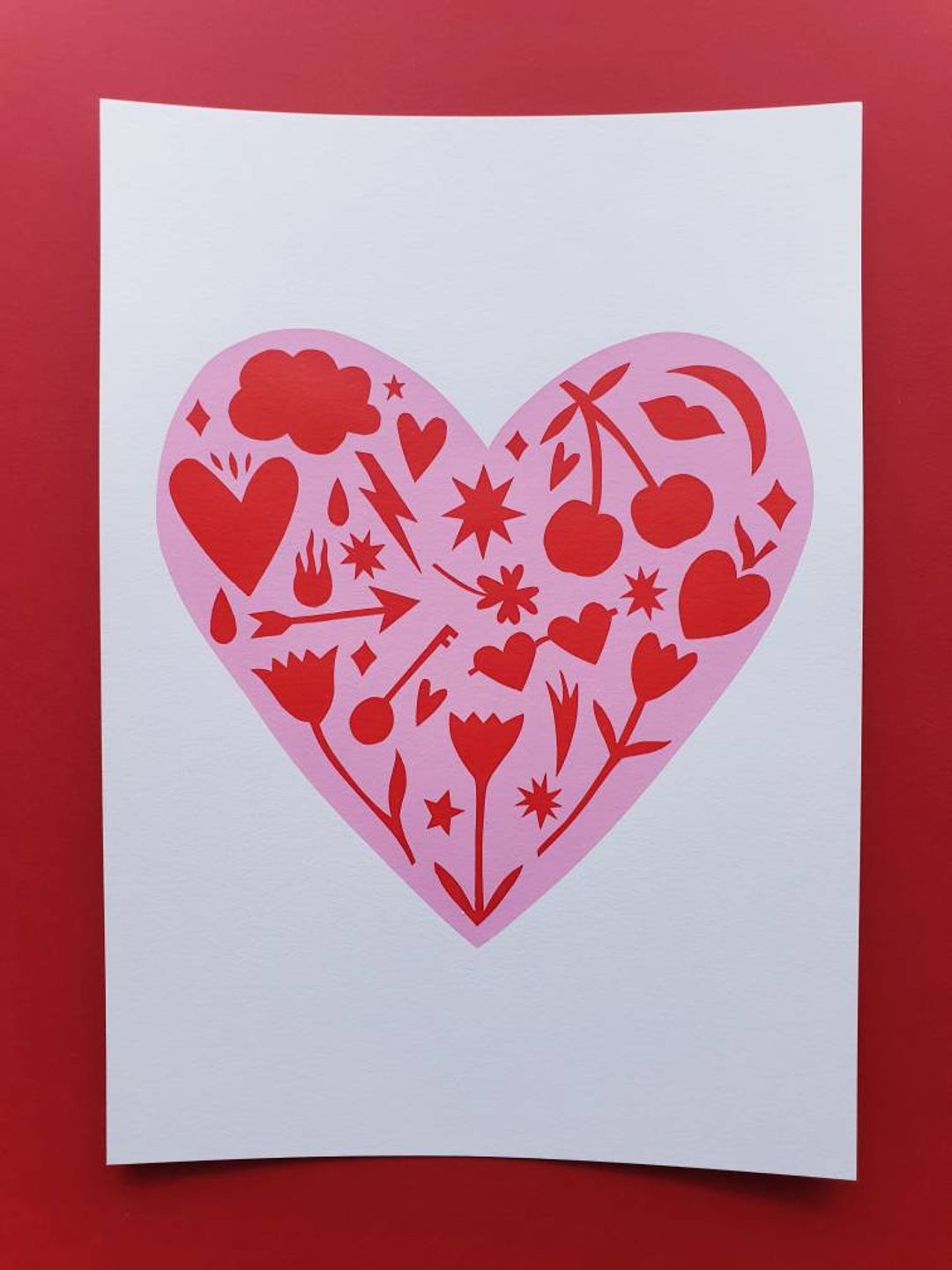 Pink Heart Screen Print | Big Love Screen Print | A4 Pink and Red Heart ...
