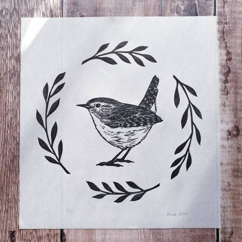 Wren Linocut Print Original Botanical Wren Linocut Print Handprinted ...