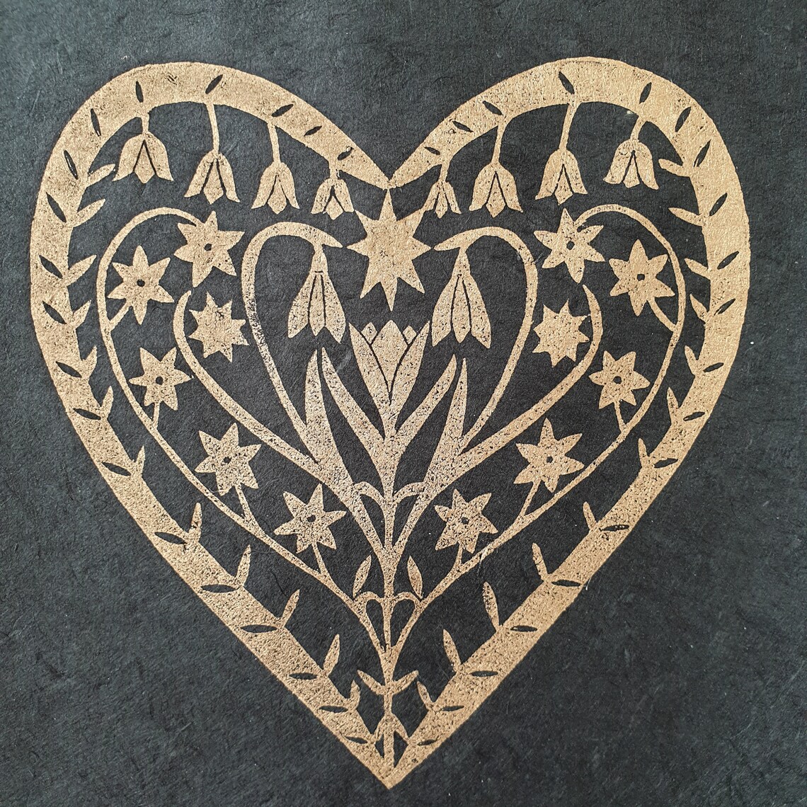 Gold Folk Art Heart Linocut Print Floral Heart Linocut Heart Themed Art ...