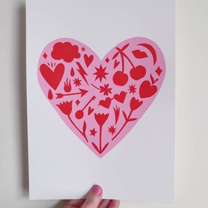 Pink Heart Screen Print | Big Love Screen Print | A4 Pink and Red Heart ...