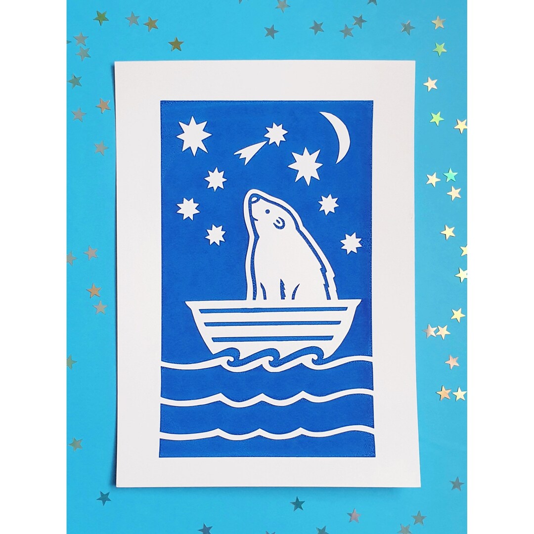 Polar Bear Screen Print | Starry Night Bear Print | Original A4 Art ...