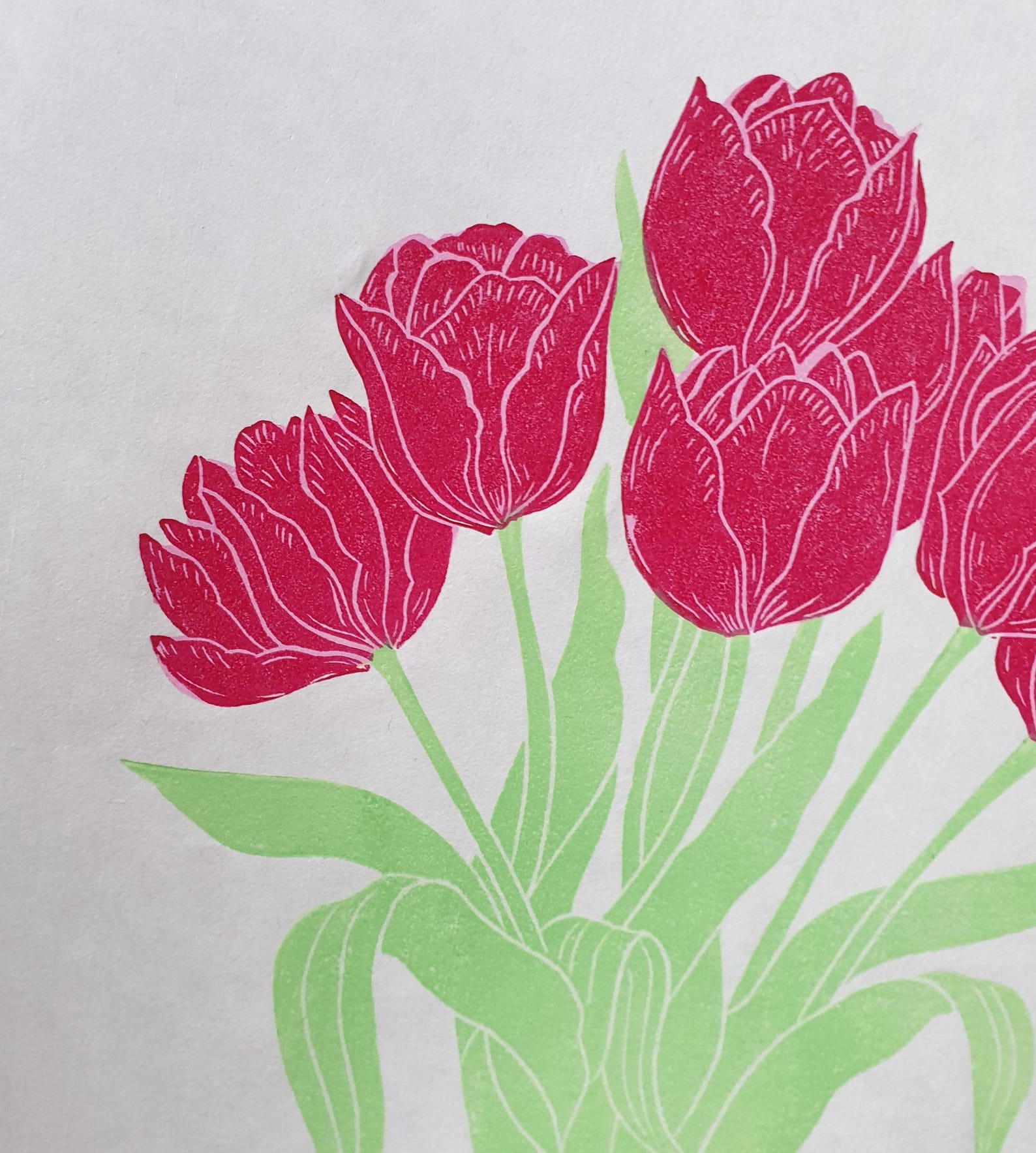 Tulip Flowers Linocut Print | Original A4 Flower Print | Dark Pink ...