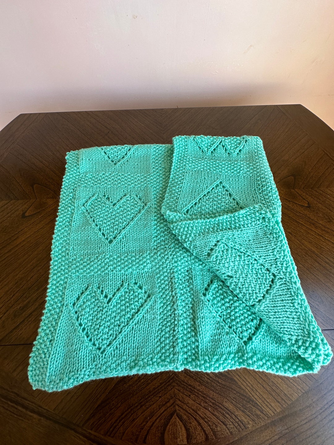 Crib Sized Hand Knit Turquoise Baby Blanket in Heart Knit Pattern. 24 X ...