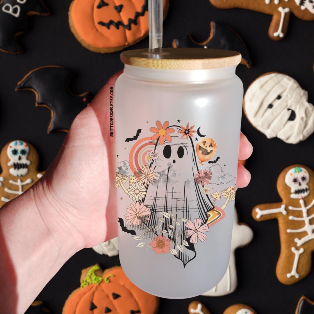Retro Ghost Frosted Glass Can| Vintage Holiday| 16oz Spooky Drinkware ...