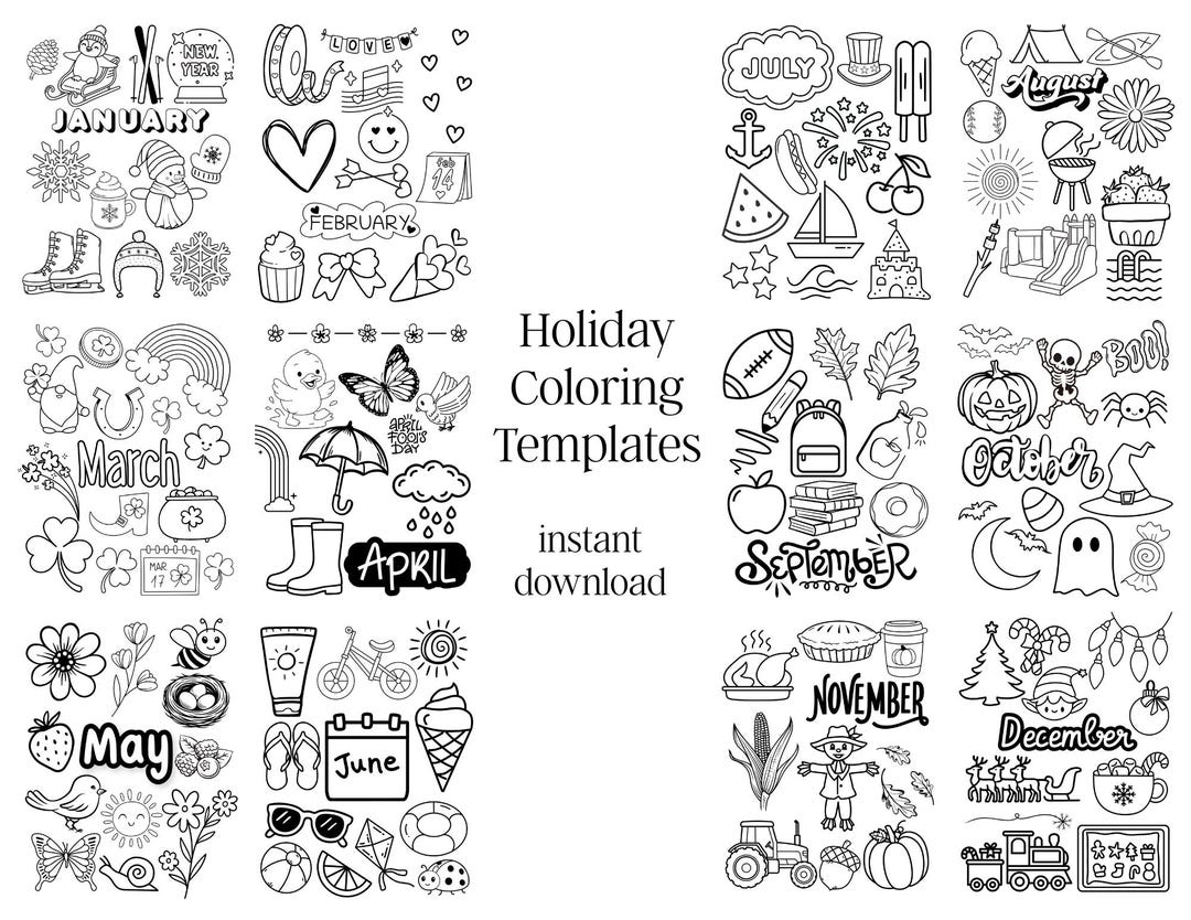 Monthly Coloring Page Templates | Digital Download | 12-month Coloring ...