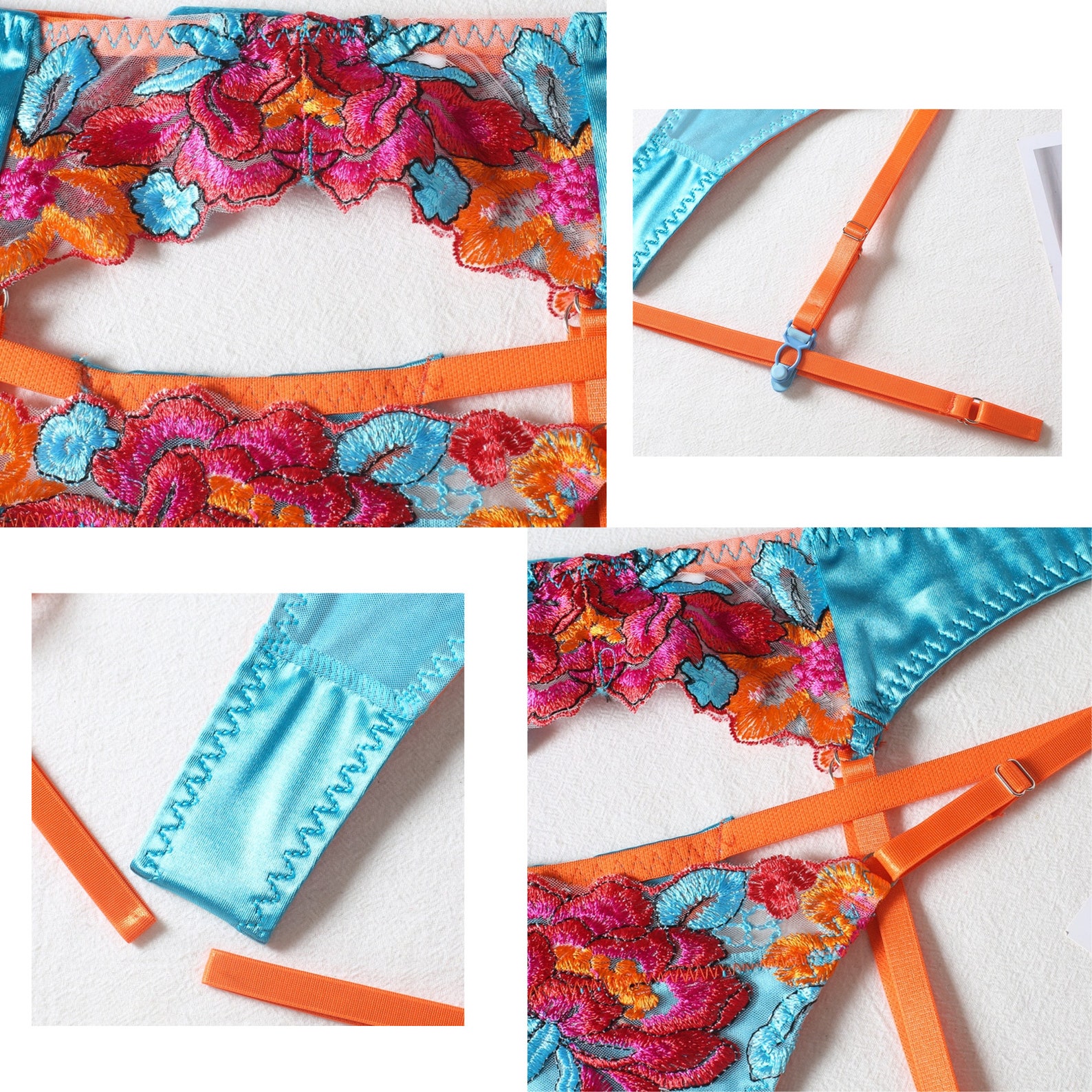 Floral Embroidery Blue Satin Lingerie Set Bridal Boudoir - Etsy