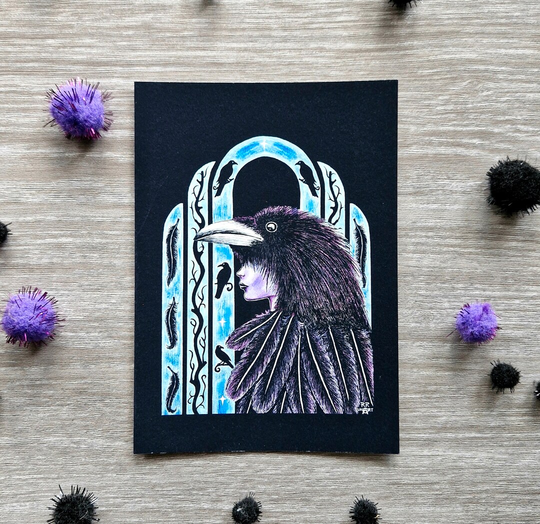 Postcard Raven Goddess, Line Art, Greeting Card for Raven Lovers, Dark ...
