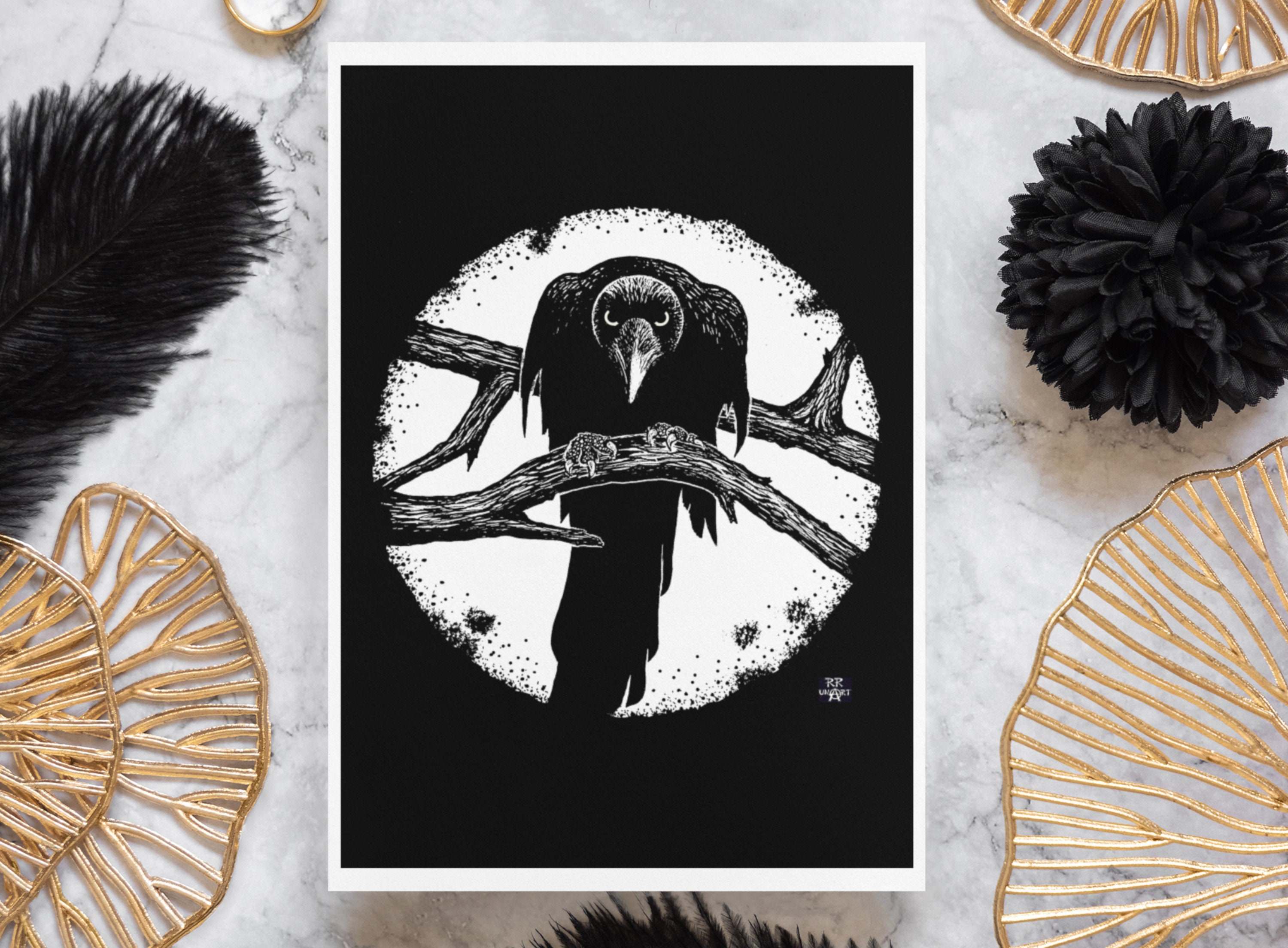 Mural Raven Crow Poster Black White Raven Pictures Art Print A4 Creepy ...