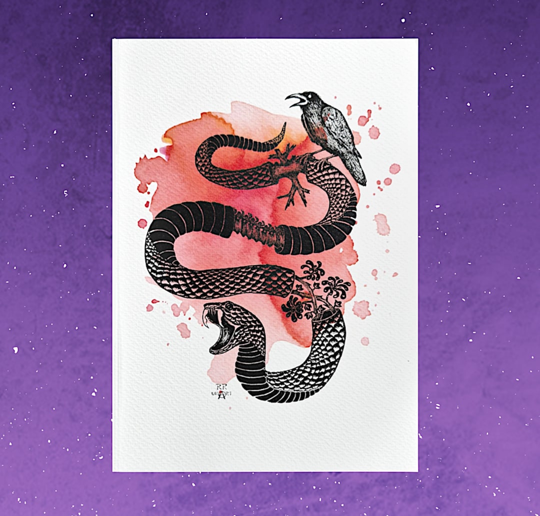 Art Print Snake Crow | Wall Art | Line Art | Watercolor Paintings ...