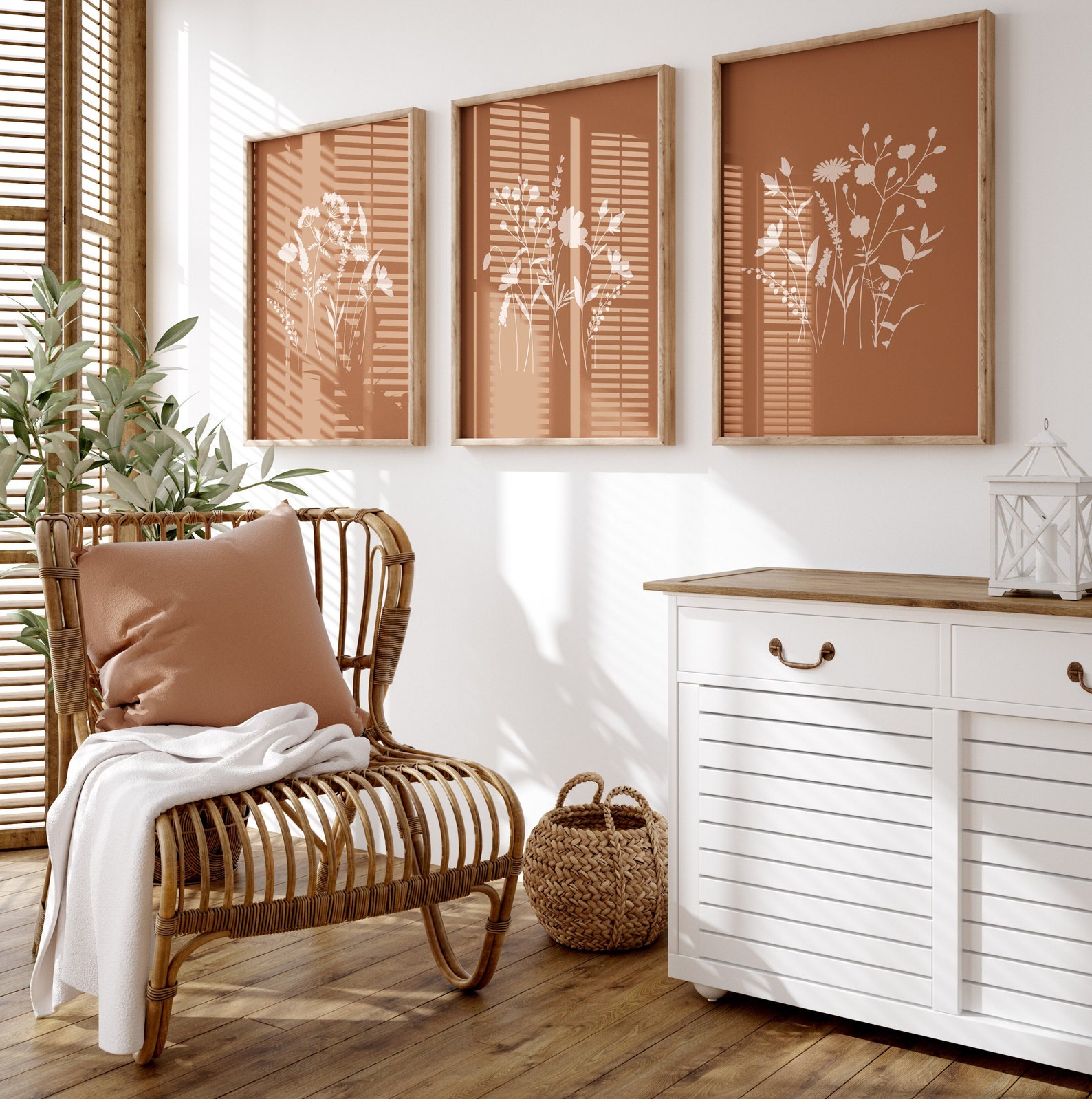 Digital Wildflower Silhouettes Wall Art Burnt Orange Gallery Wall Set 3 ...