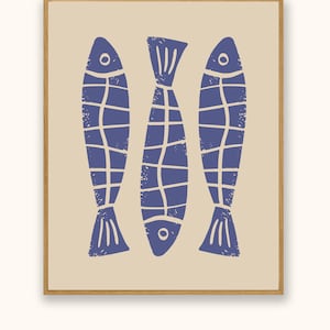Blue Fish Print, Minimalist Fish Poster, Sardines Art Print, Retro ...