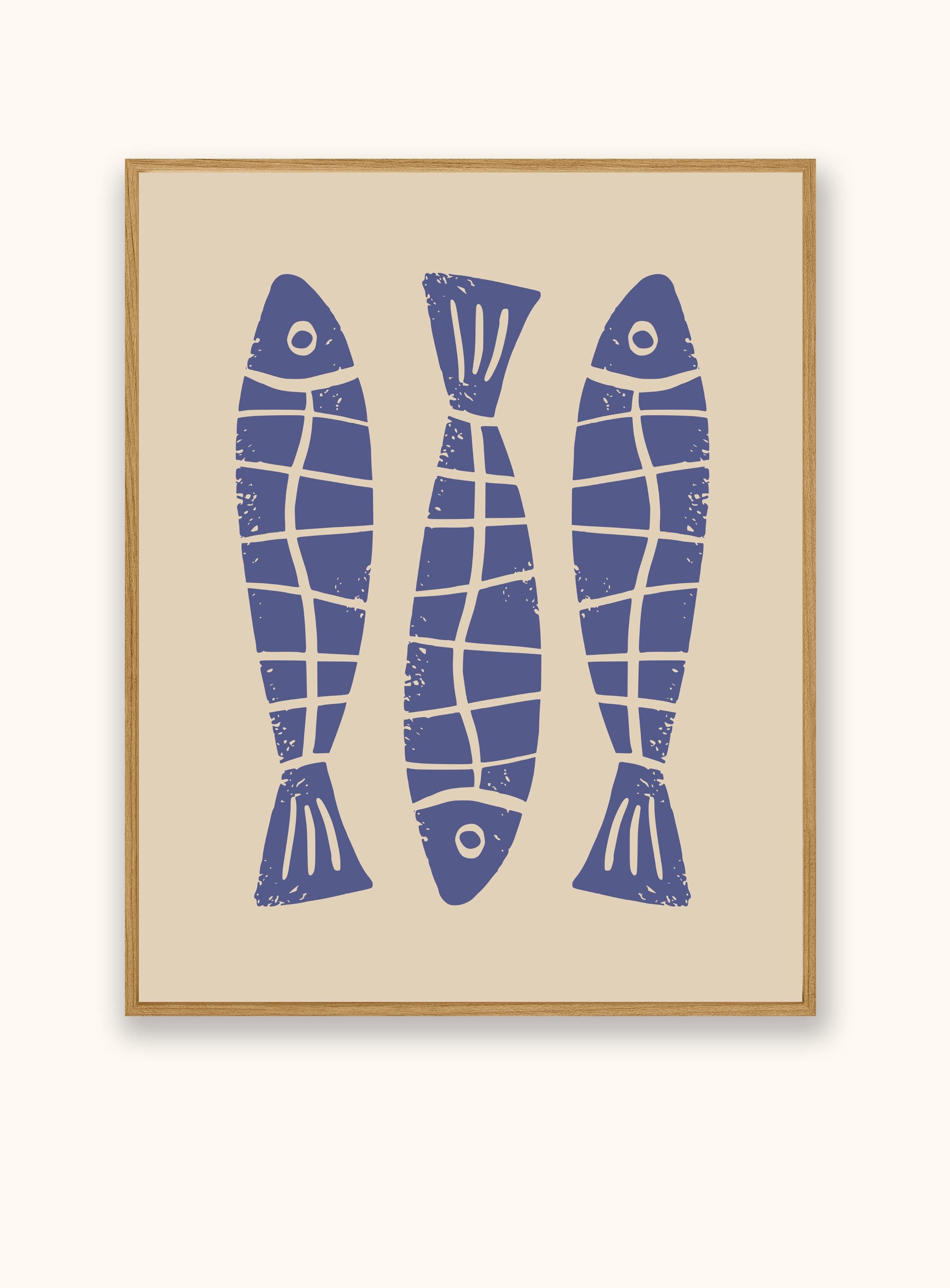 Blue Fish Print, Minimalist Fish Poster, Sardines Art Print, Retro ...
