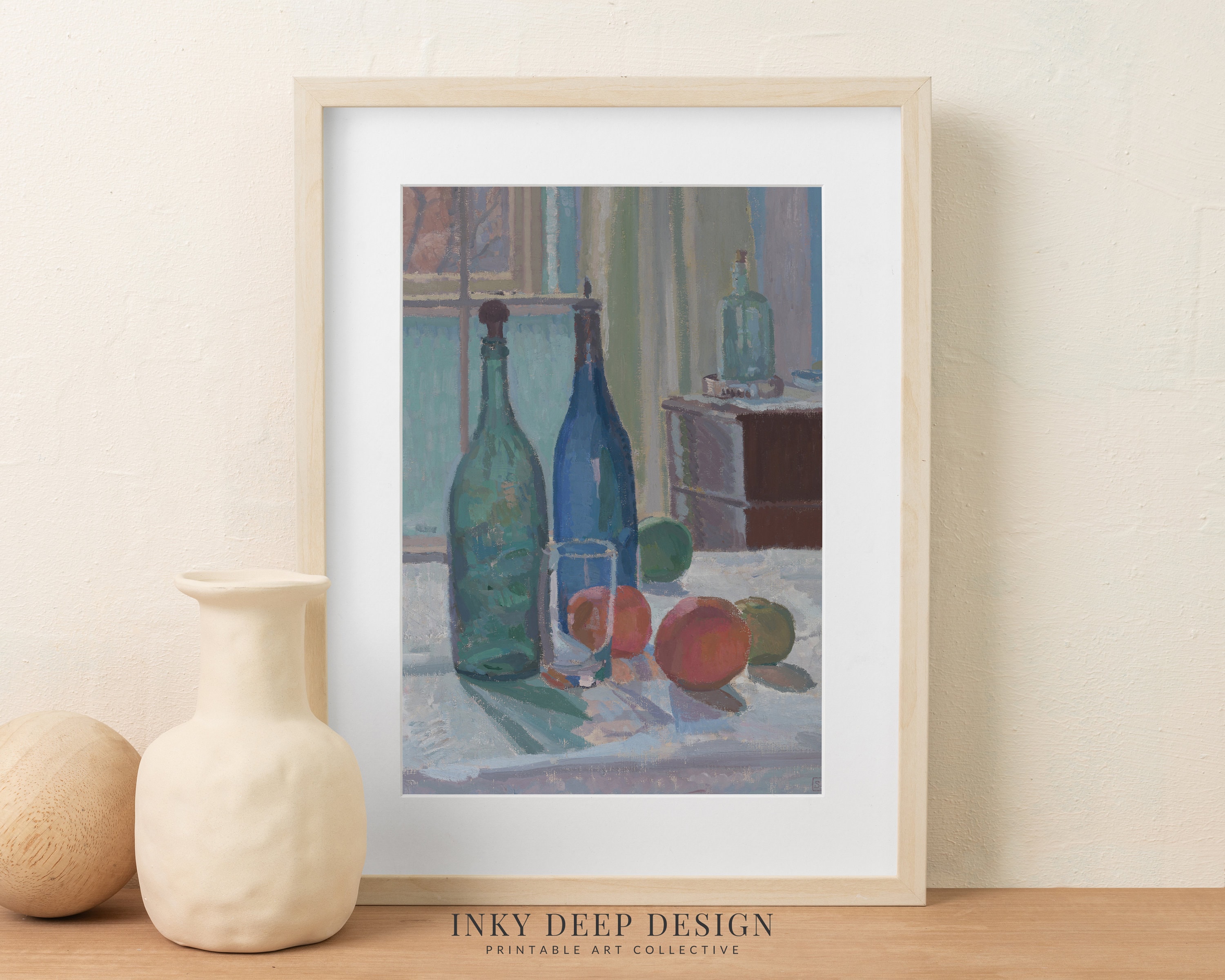 Still Life With Fruit and Bottles Print Green and Blue Wall Art ...