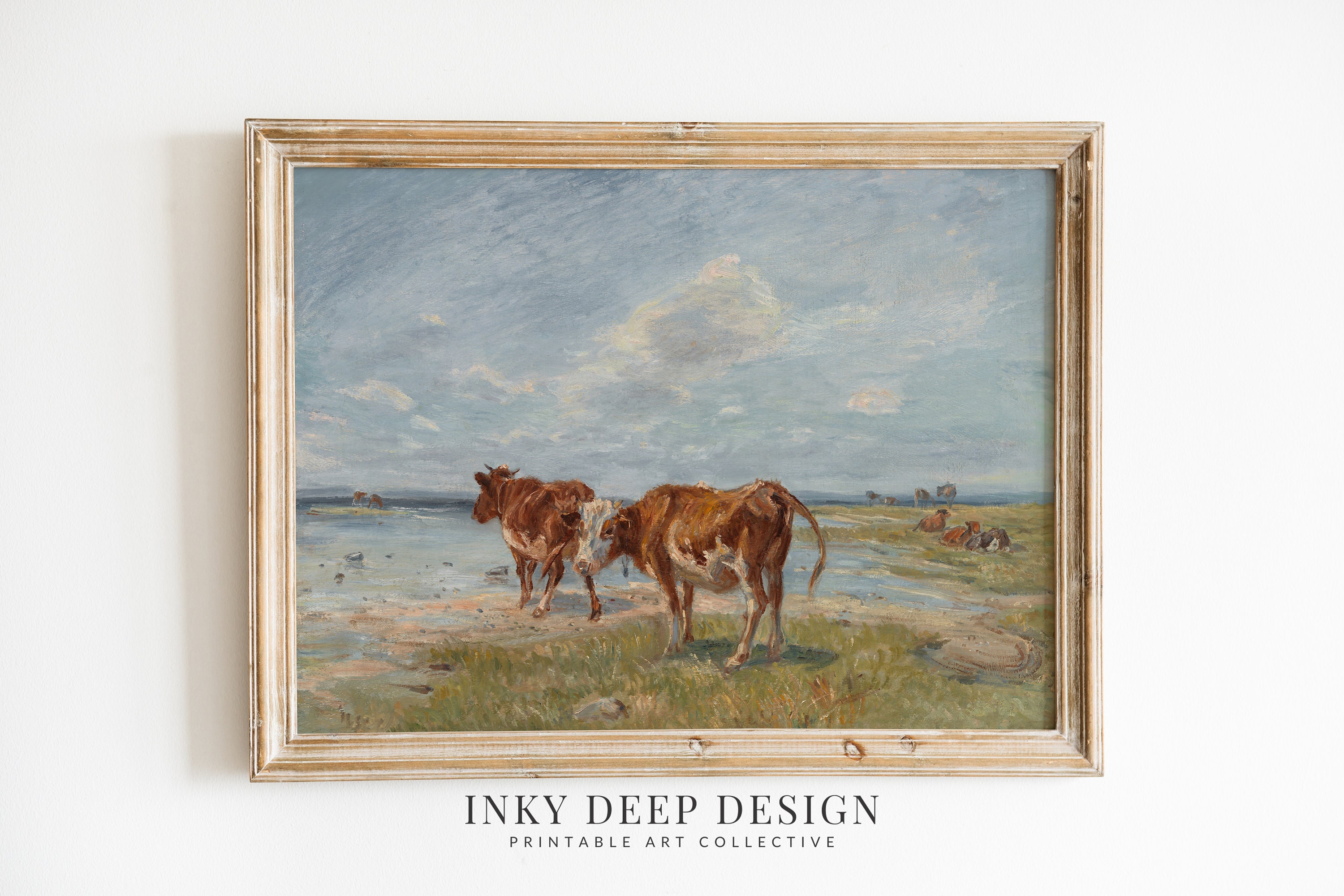 Hereford Cow Art Antique Cow Oil Painting Vintage Country Landscape ...