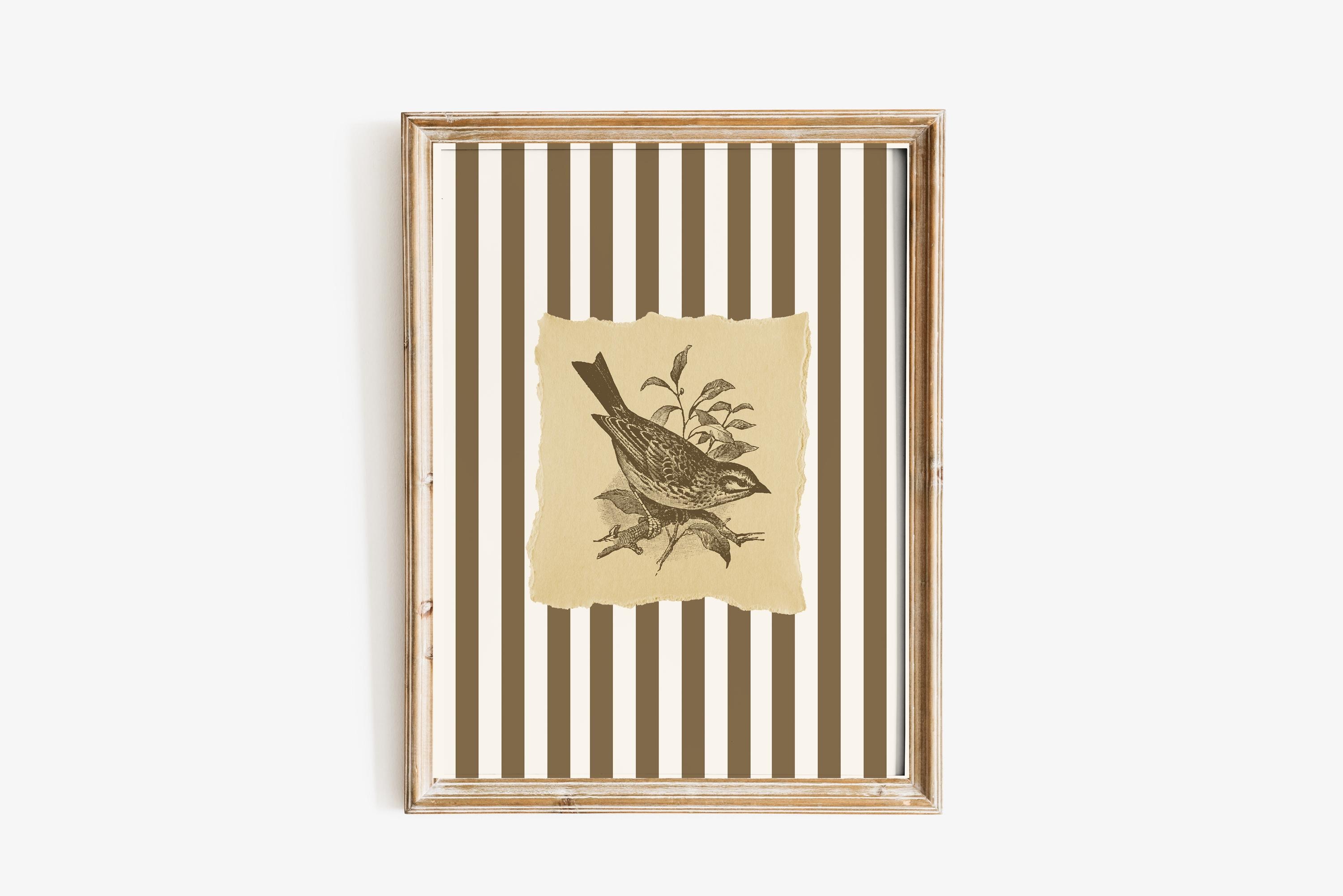 Vintage Bird Prints Retro Bird Art Brown Striped Art Print Grand ...