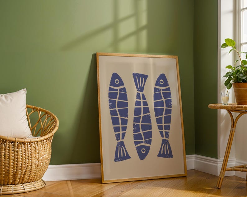Blue Fish Print, Minimalist Fish Poster, Sardines Art Print, Retro ...