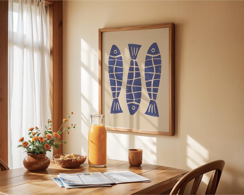 Blue Fish Print, Minimalist Fish Poster, Sardines Art Print, Retro ...