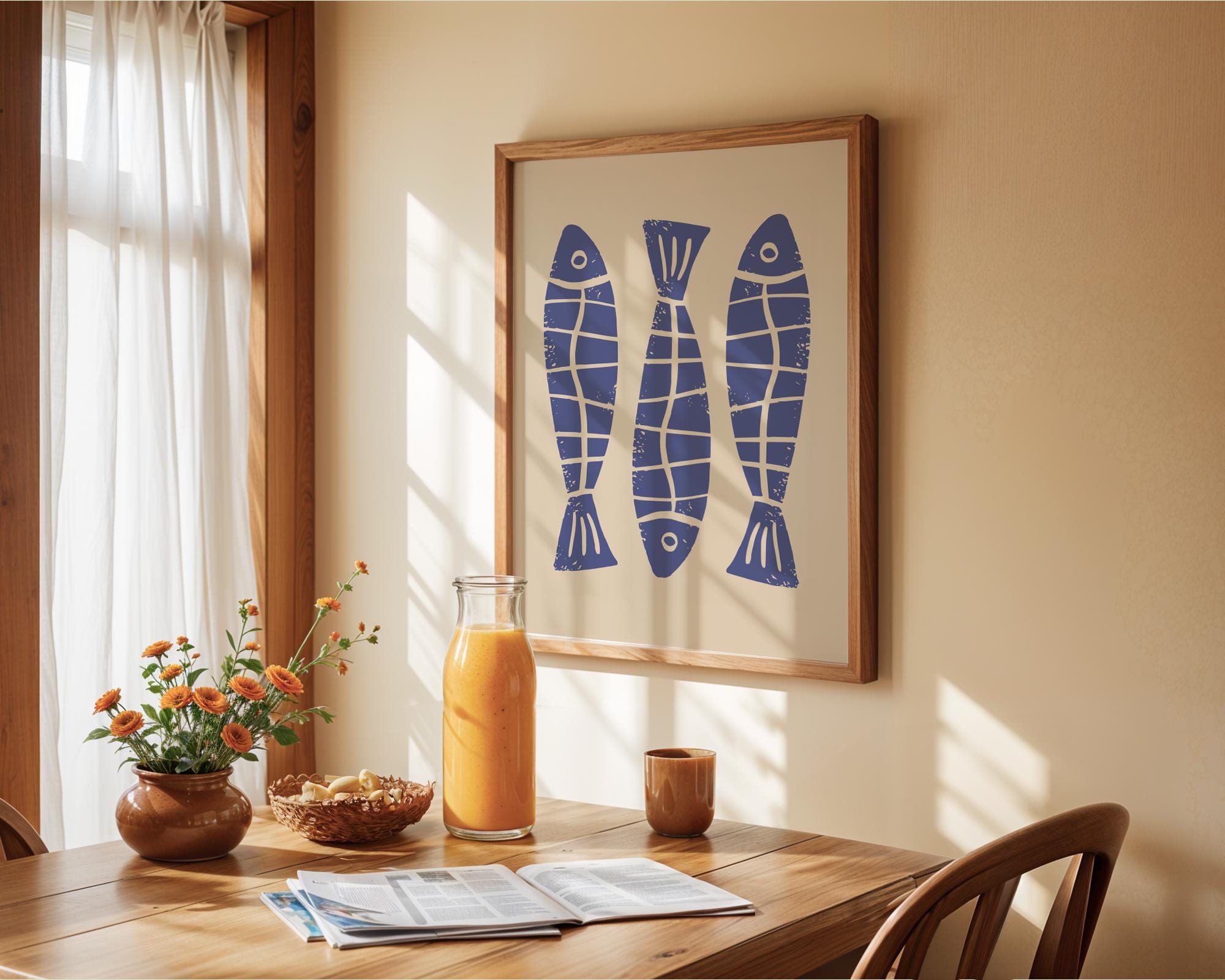 Blue Fish Print, Minimalist Fish Poster, Sardines Art Print, Retro ...