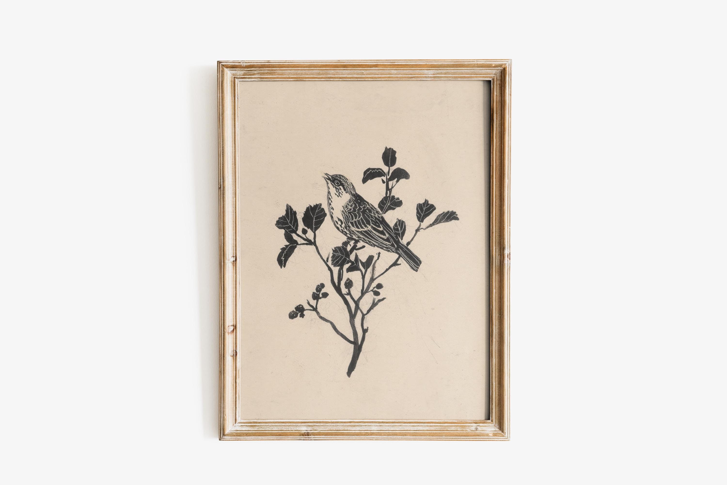 Vintage Bird Print, Bird on Branch Ink Drawing, Victorian Bird Art ...